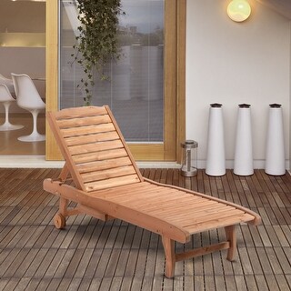 Outdoor Wooden Chaise Lounge Chair with Wheels, Adjustable Backrest and ...