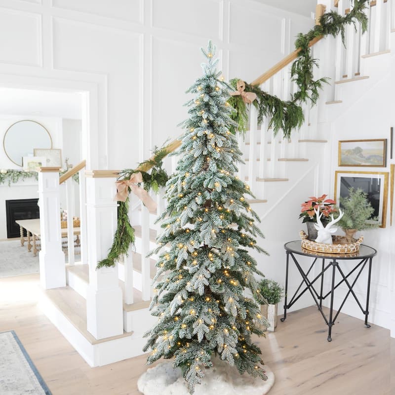 Glitzhome 7ft/9ft Deluxe Pre-Lit Flocked Slim Fir Artificial Christmas ...