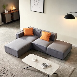 Dark Grey One Arm L-shape Sectional Sofa w/ 2 Ottomans & 2 Pillows ...