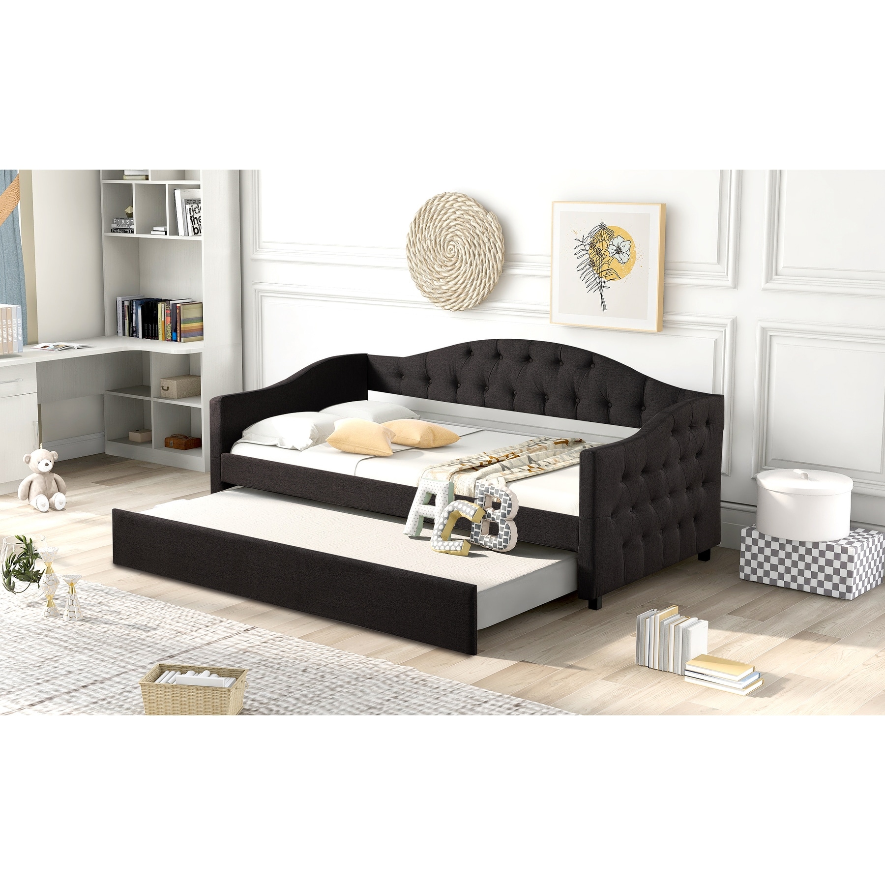 Upholstered Twin Size Daybed with Trundle Solid Wood Platform Bed Frame with Headboard and Footboard for Kids Teens Bedroom Bed Bath Beyond 37433230