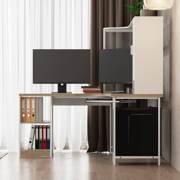 Dual-Monitor Workstation Desk with Iron Frame Ergonomic Keyboard Tray ...