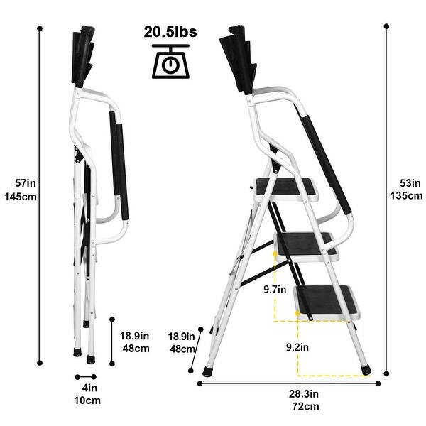3 Step Ladder Tool Ladder Folding Portable Steel Frame Max 500 Lbs Non