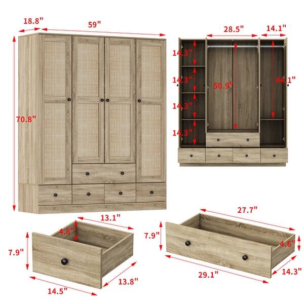 Large Storage Wardrobe Versatile Rattan Door Closet with Deep Drawers ...