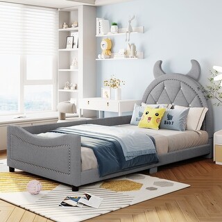 Twin Size Upholstered Daybed with Rabbit Ear Shaped Headboard, Gray ...