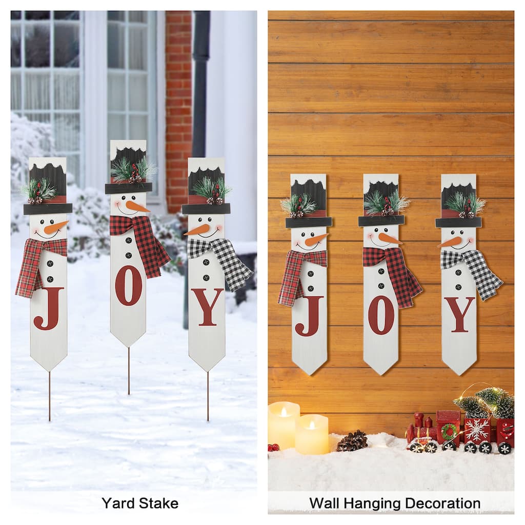 Glitzhome Set of 3 Wooden & Metal Snowman Yard Stake - JOY - Overstock ...