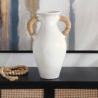 White Ceramic Jug Inspired Decorative Vase with Rattan Wrapped Handles ...