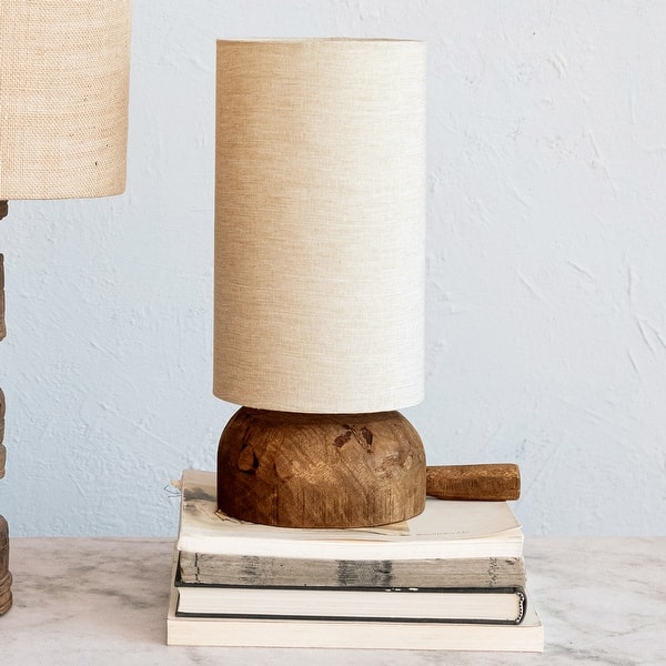 Reclaimed Wood Table Lamp with Printed Cotton Chambray Shade - 10.0"L x ...