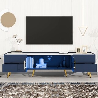 LED TV Cabinet Blue Media Console Table w/ 4 Drawers for TVs up to 80 ...