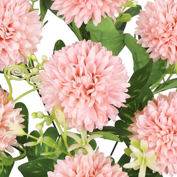 Set of 3 Pink Peach Artificial Pom Pom Mum Flower Stem Bush Bouquet ...