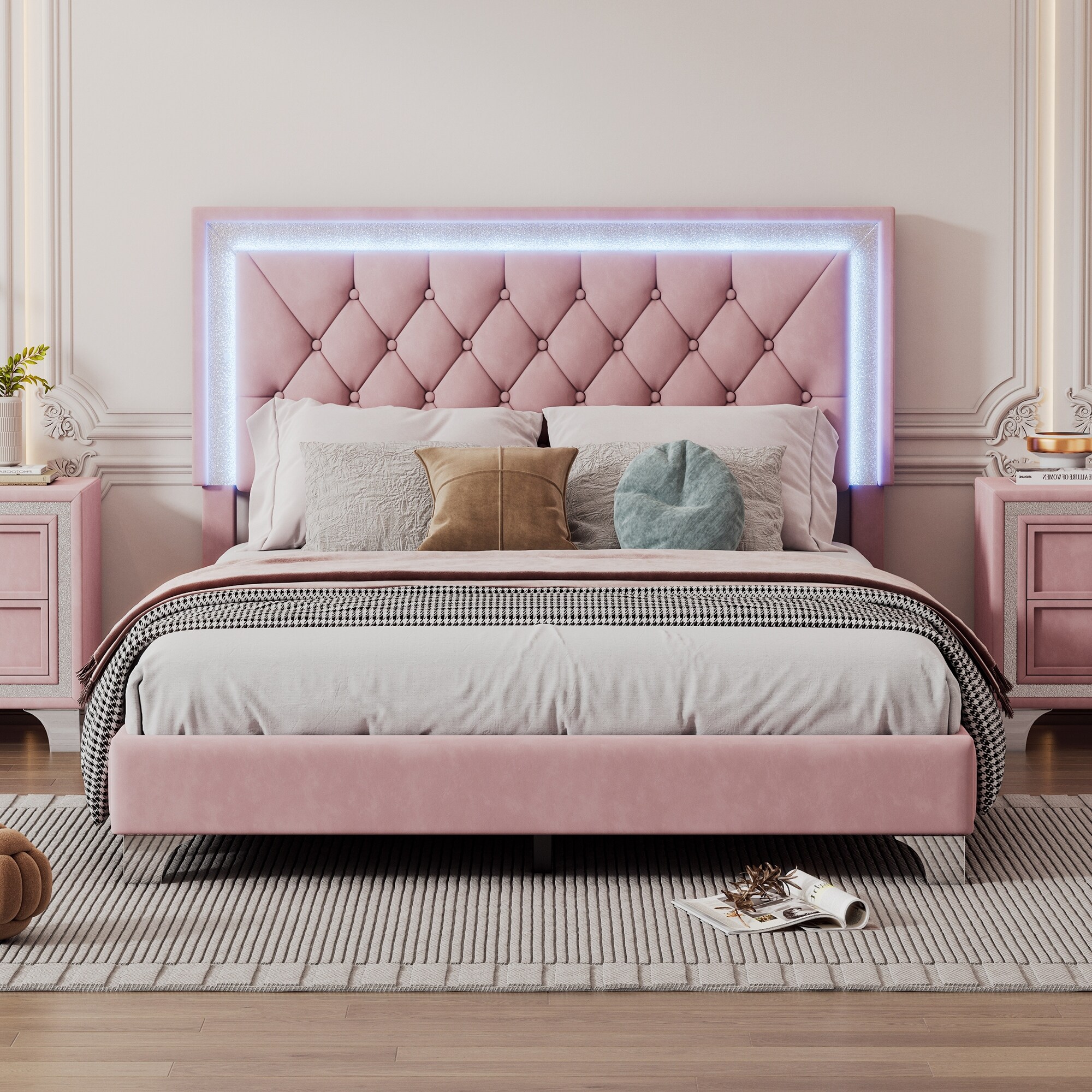 Full Velvet Upholstered Platform Bed with LED Tufted Headboard Pink On Sale Bed Bath Beyond 40205636