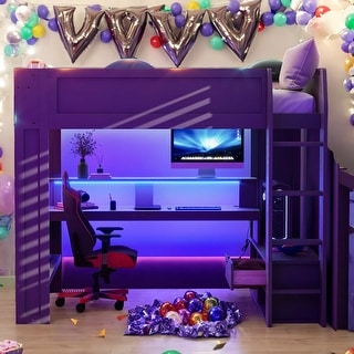 Full Size Gaming Loft Bed with Desk, Shelves and LED, Dark Gray - Bed ...