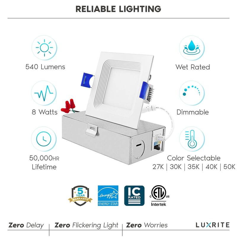 Luxrite 3 Inch Square LED Recessed Lighting, 8W, 5CCT Color Selectable ...