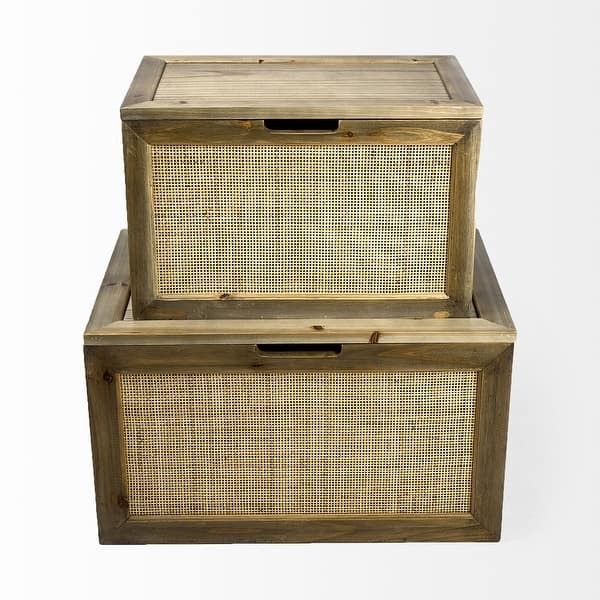 Set of Two Wood and Cane Storage Boxes - 16" W x 24" D x 14" H - Bed ...