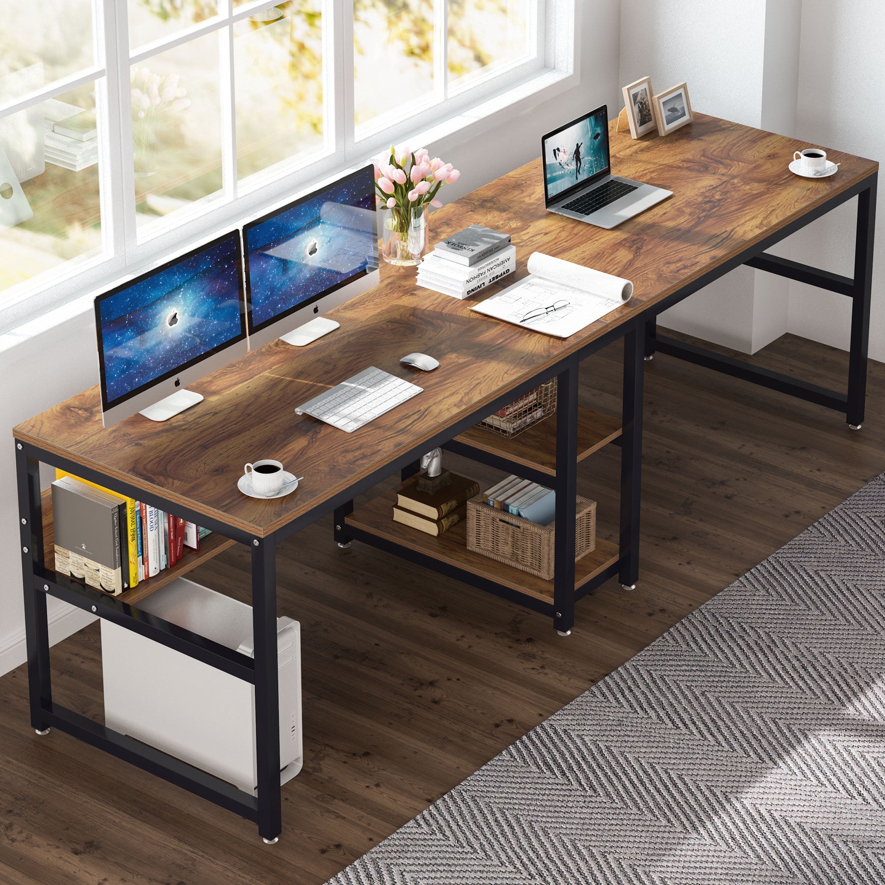 78.7 Two Person Desk with Bookshelf Office Double Desk for Two Person Brown