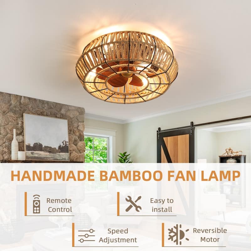 Rustic Farmhouse 20" Cage Hemp Rope Ceiling Fan Flush Mount Lighting ...