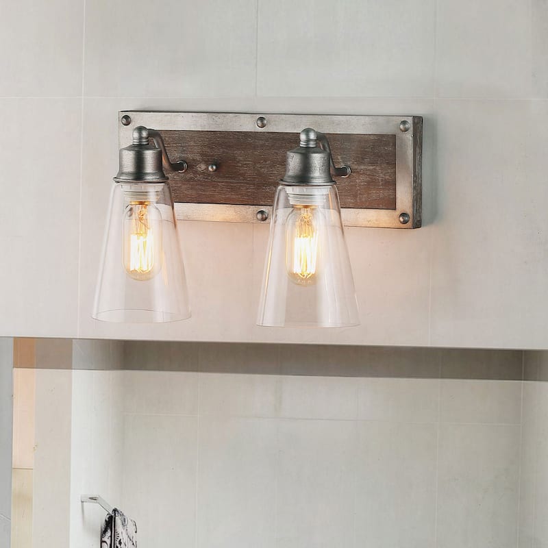 Rustic 2-Light Wood Wall Sconces Aged Silver Bathroom Vanity Wall ...