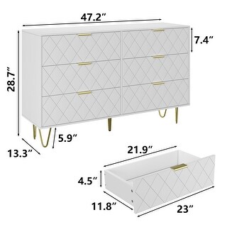 Contemporary White Chest featuring 6 Drawers with Eye Catching Gold ...