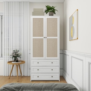 Engineered Rattan Armoire Freestanding White Wardrobe with 3 Drawers ...