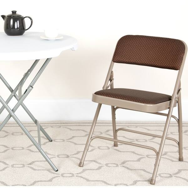 Classic Metal Frame Folding Chairs with Brown Patterned Fabric ...