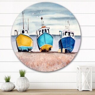 Designart 'Three Colorful Fishing Boats On A Sandy Seashore' Nautical ...
