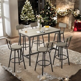 Industrial Pub High Dining Table Set with 6 PU Leather Stools for ...