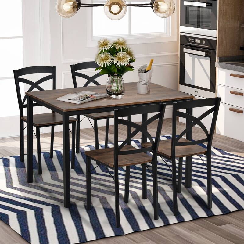 5-Piece Industrial Wooden Dining Set with Metal Frame and 4 Ergonomic ...