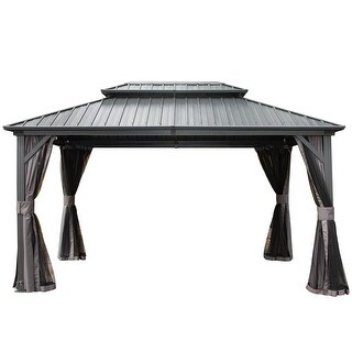 12ft x 10ft Outdoor Aluminum Gazebo with Metal Double Roof & Curtains ...