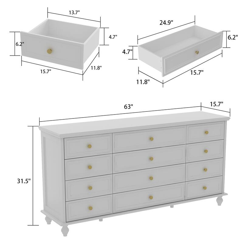 Timechee 63'' W Dresser White Chest Srorage Cabinet Lacquer Drawers ...