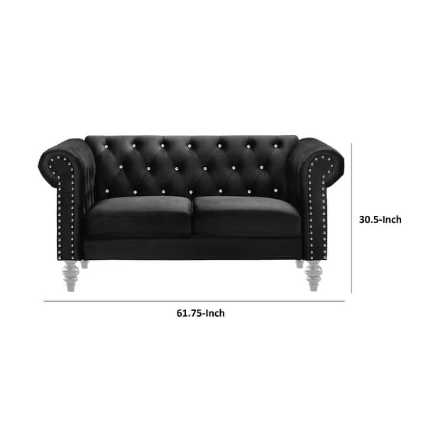 Ben 62 Inch Velvet Loveseat with Crystal Tufted Back, Black, Silver ...
