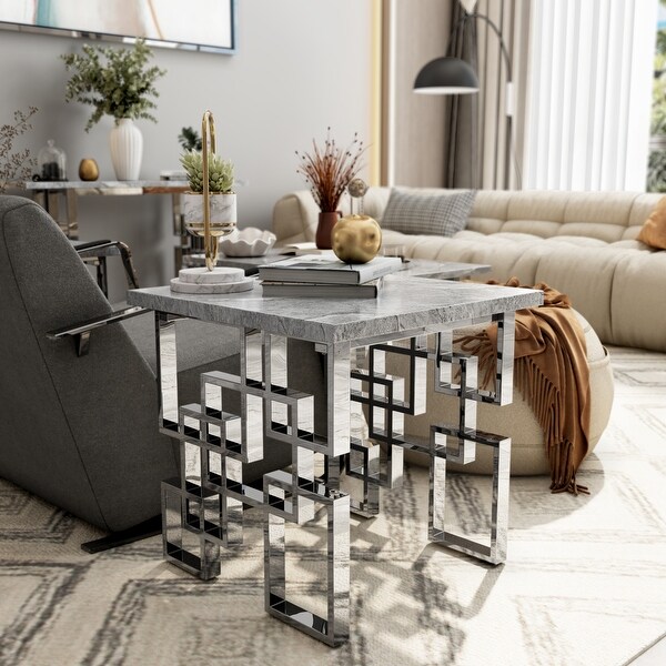 Modern End Table 23 inch Square Living Room Side Table with High Gloss Top and Mirrored Metal Geometric Base Bed Bath Beyond 39492664