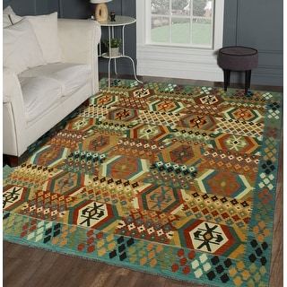 Hand-Woven Sangat Kilim Chaz Blue/Rust Rug - 8'2" x 9'9" - Bed Bath ...