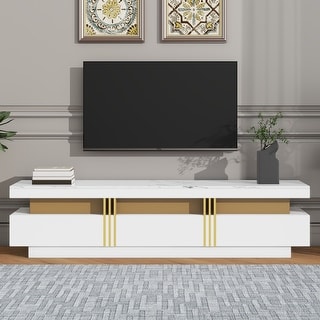 White+Gold TV Stand TV Console Table with Faux Marble Top & Drawers ...