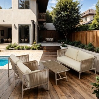 4 Piece Rope Sofa Set with Thick Cushions and Toughened Glass Table ...