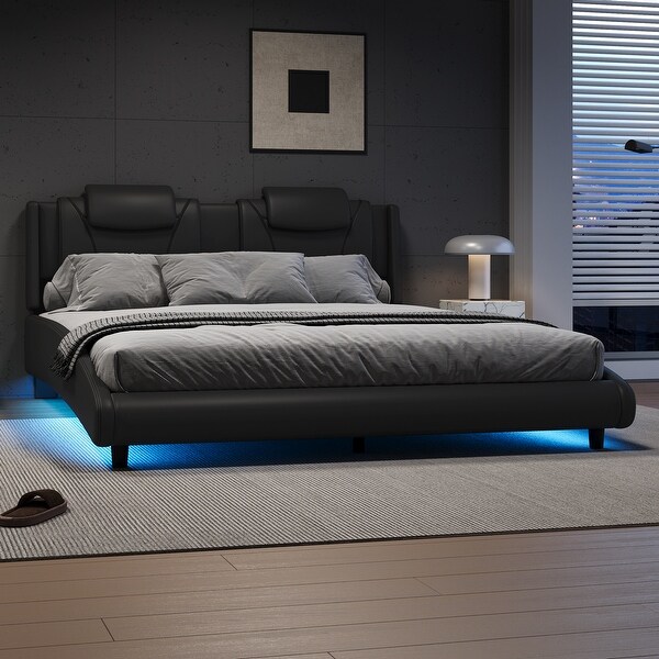 Sleek King Size Upholstered Platform Bed Frame with Wave Design LED Lights and Adjustable Headboard Bedroom Furniture Bed Bath Beyond 42512702