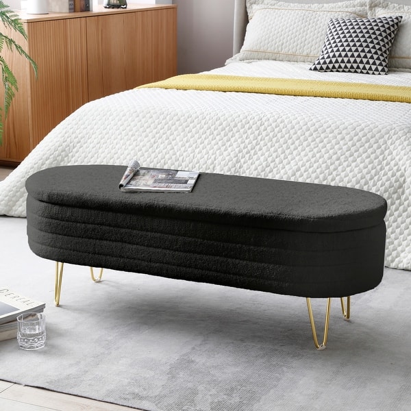 Oval Black Storage Bench Teddy Fabric Upholstered Ottoman Storage ...