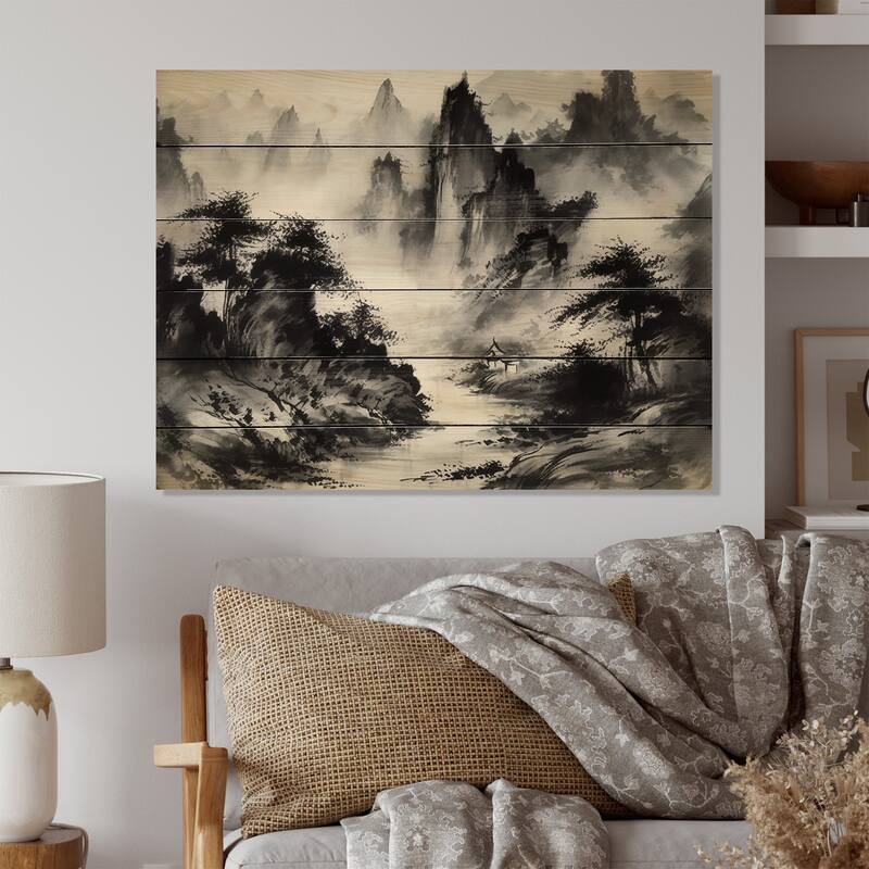 Designart "Black And White Asia Mountains II" Japon Landscape Print on ...