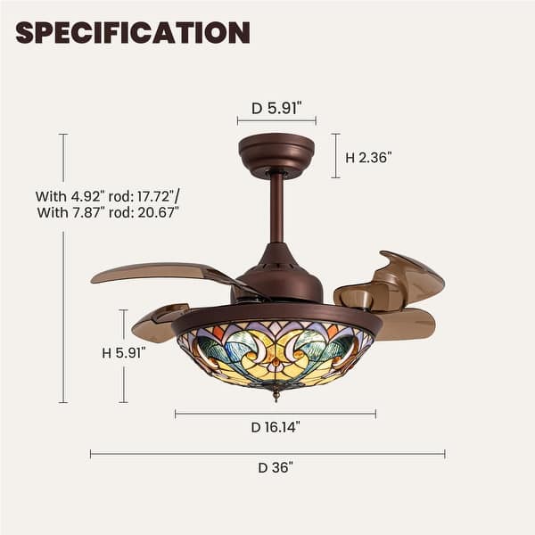 Smart Tiffany Stained Glass Retractable Led Ceiling Fan - Bed Bath ...