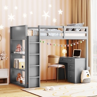 Twin Size Loft Bed Student Bed with All-in-One Desk and Shelf, Gray ...
