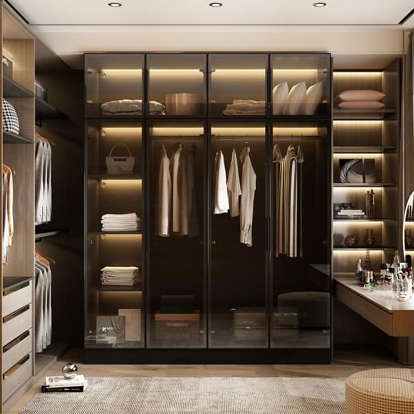 Elegant Black Wardrobe with LED Lighting and Tempered Glass Doors - Bed ...