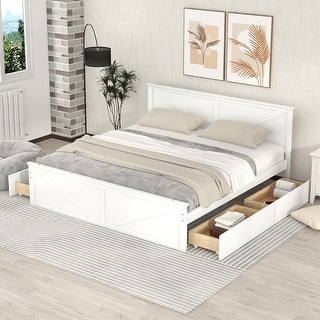 King Size Wooden Platform Bed with Four Storage Drawers and Support ...