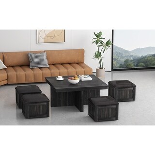 Coffee Table with 4 Storage Stools, Space Saving Living Room Folding ...