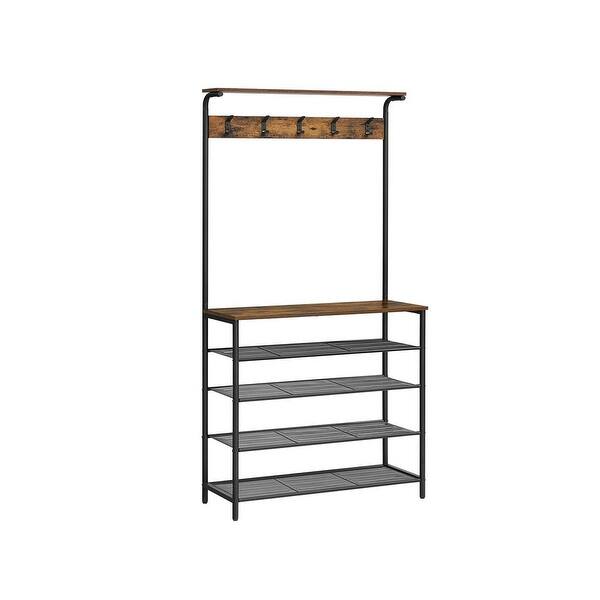 Rustic Brown Black Industrial Hall Tree with Coat Hooks 5-Tier Shoe ...