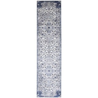 10' Ivory Gray And Blue Floral Power Loom Distressed Stain Resistant ...