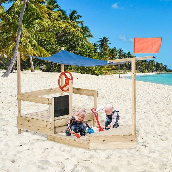 Outsunny Pirate Ship Kids Sandbox with Cover, Outdoor Wooden Sandbox ...
