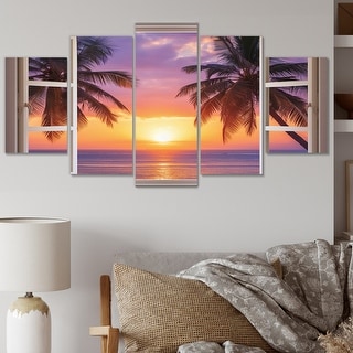 Designart "Tropical Ocean Sunset Through Open White Window" Coastal ...