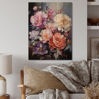Designart "Asian Art Peonies In Coral" Asian Print on Natural Pine Wood ...