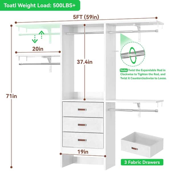 5FT Closet System with 3 Fabric Drawers, DIY Closet Organizer with ...
