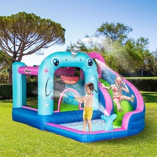 Outsunny 5-in-1 Water Slide Kids Inflatable Bounce House Narwhals Theme ...