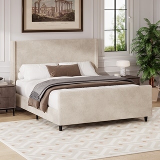 Vertical Stripe Wingback Bed Corduroy Fabric Frame Platform Bed, Cream ...