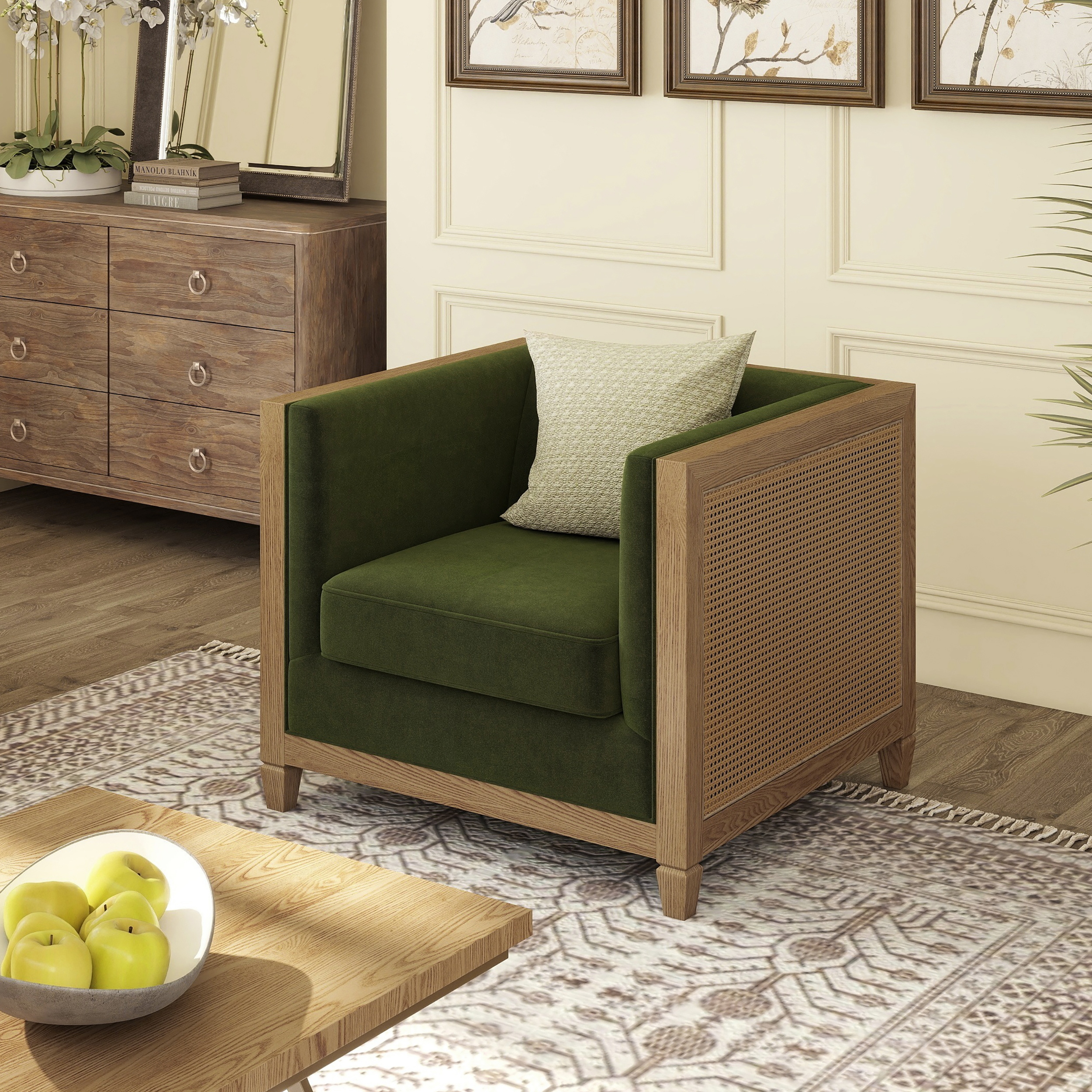 Georgia 34 Cane Rattan Tuxedo Armchair with Olive Green Performance Velvet